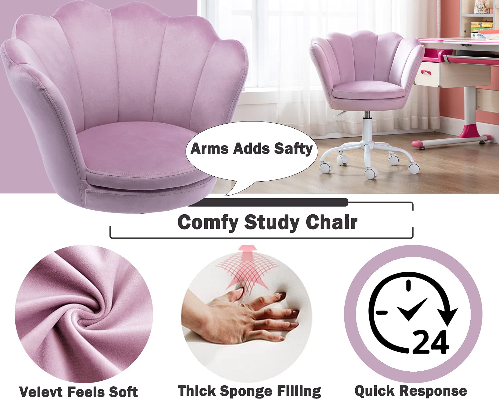 DM Kids Desk Chair Ergonomic Reading Study Computer Chair for Students Cute Modern Upholstered Velvet Swivel Rolling Arm Chair for Girls Bedroom, Seashell Back Adjustable Vanity Chair (Purple)