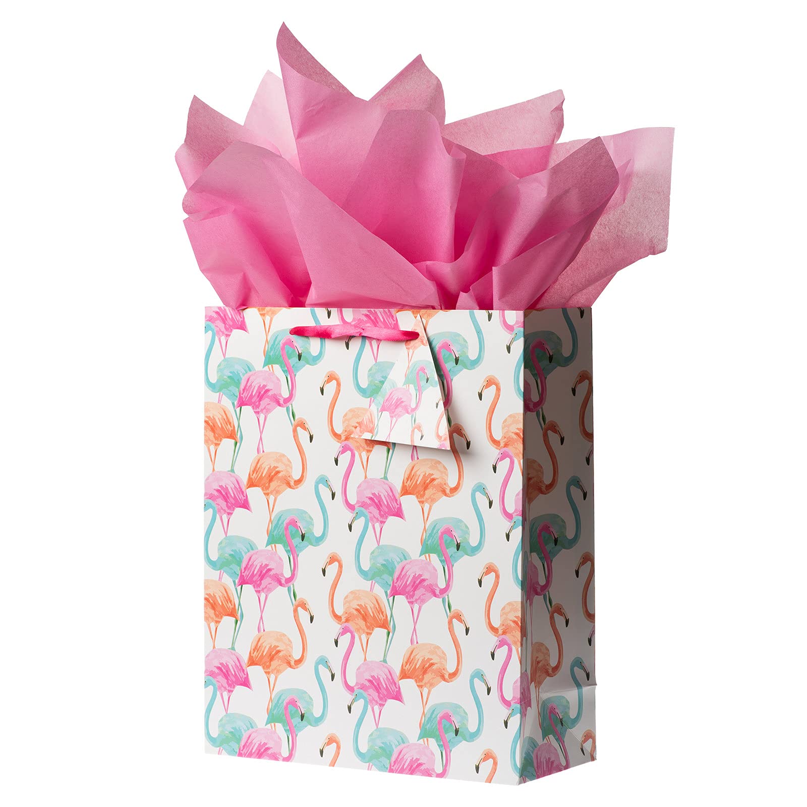 Bobobag 13" Large Gift Bag with Tissue Paper for Birthday gift bags, Wedding bags,Retail bag (Flamingo)