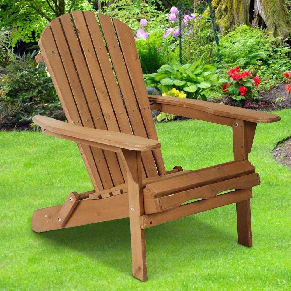 HomeClever Folding Wooden Adirondack Chair Patio Chairs Lounger Weather Resistant Accent Furniture wArms Solid Heavy Duty Modern Lawn for Deck, Backyard, Garden Natural Set of 2