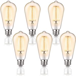 6 watt dimmable led edison light bulbs - 6w antique style softlight edison led bulbs - warm white 2200k (amber gold glass) for home - filament vintage light bulb set - e26 standard base - 6 pack