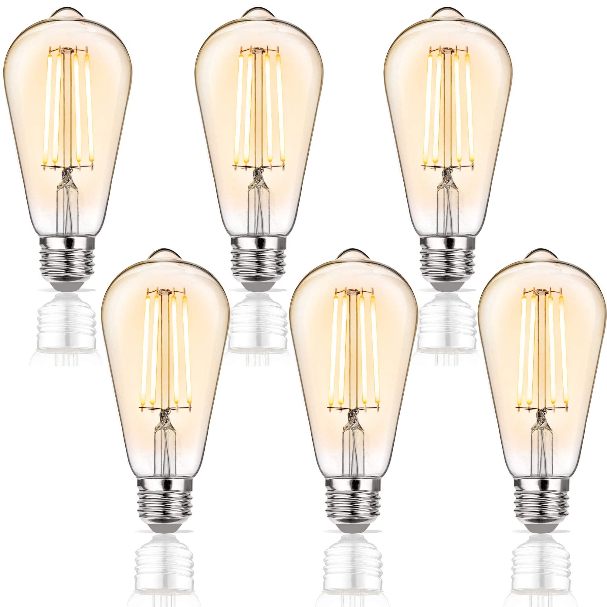 6 Watt Dimmable LED Edison Light Bulbs - 6W Antique Style Softlight Edison LED Bulbs - Warm White 2200K (Amber Gold Glass) for Home - Filament Vintage Light Bulb Set - E26 Standard Base - 6 Pack