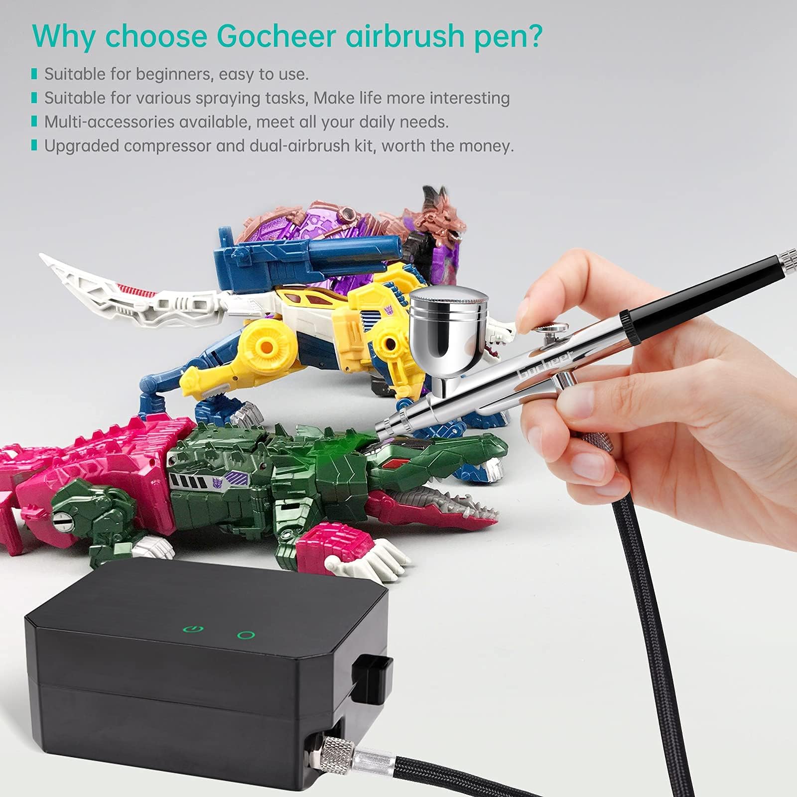 Gocheer Airbrush Kit with Air Compressor, 40 PSI High Pressure Air Brush Non-Clogging with 0.2/0.3/0.5mm Nozzle/Cleaning Sets, Ideal for Painting, Modeling, Cake Decor, Pastry, Makeup, Nail Art etc.