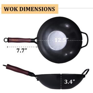 XEEYAYA Carbon Steel Wok Pan with Lid, Chinese Flat Bottom Woks and Stir Fry Pans, 12.5" Hand Hammered Traditional Wok for Electric, Induction & Gas Stoves