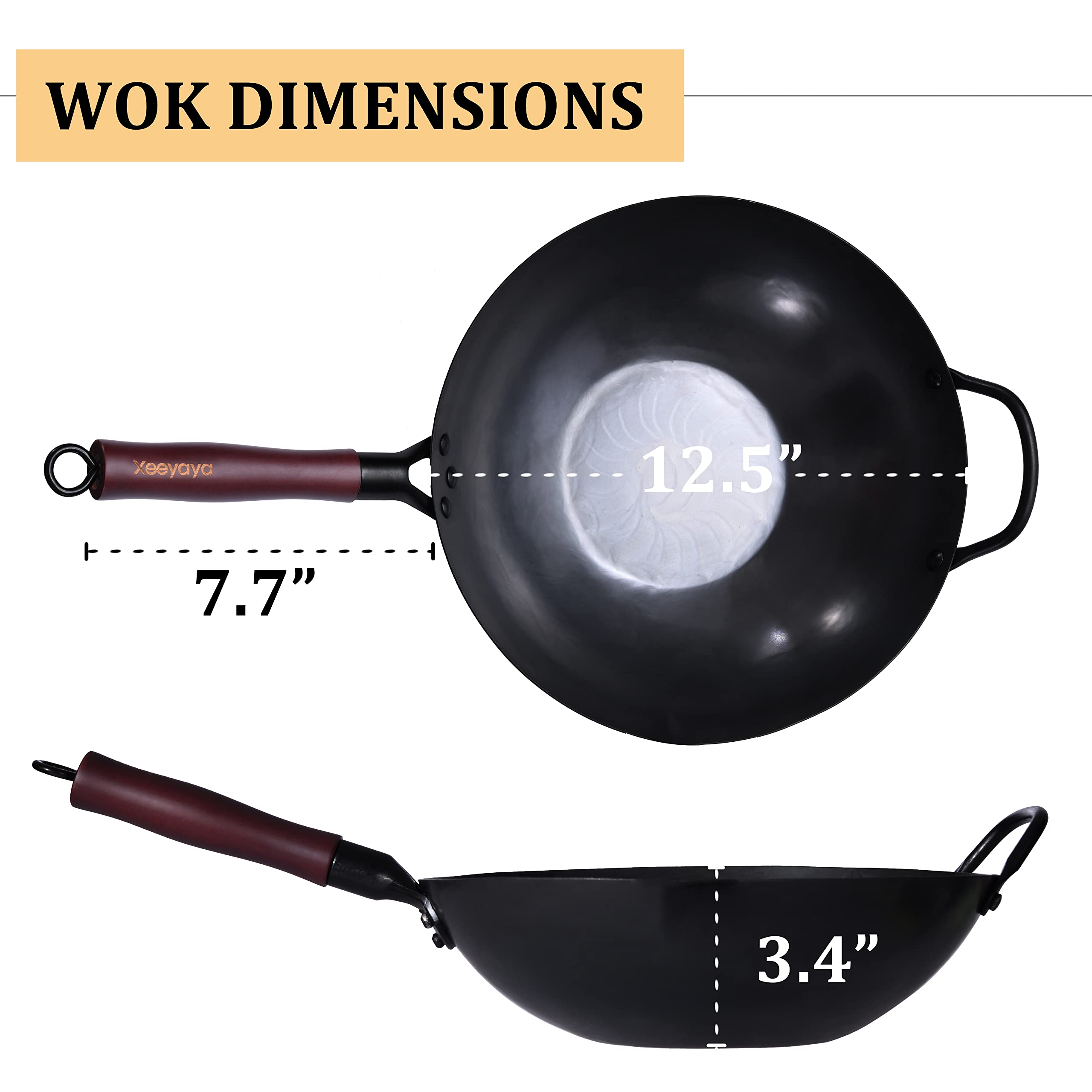 XEEYAYA Carbon Steel Wok Pan with Lid, Chinese Flat Bottom Woks and Stir Fry Pans, 12.5" Hand Hammered Traditional Wok for Electric, Induction & Gas Stoves