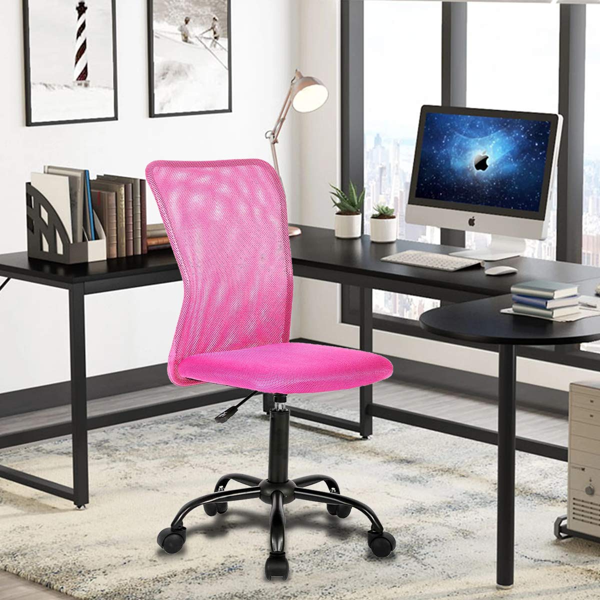 Simple Mesh Office Chair, Ergonomic Office Chair Armless Home Office Chair Adjustable Computer Chair Task Rolling Swivel Chair Black Desk Chair for Working,Meeting - Pink