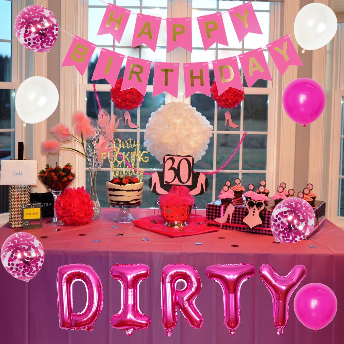 Fangleland 30th Birthday Party Decorations for Her Hot Pink Dirty Thirty Banner Balloon Dirty 30 Sash Cake Topper for 30 Years Old Birthday Party Supplies