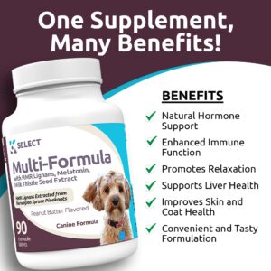 K9 Select Multi-Formula Dog Vitamins for Smaller Dogs - 10mg HMR Lignans, 1mg Melatonin, 20mg Milk Thistle - Helps Heart, Liver, Digestion, Skin & Coat Health, 90 Tablets, Peanut Butter Flavor