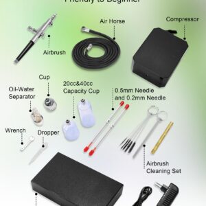 Gocheer Airbrush Kit with Air Compressor, 40 PSI High Pressure Air Brush Non-Clogging with 0.2/0.3/0.5mm Nozzle/Cleaning Sets, Ideal for Painting, Modeling, Cake Decor, Pastry, Makeup, Nail Art etc.