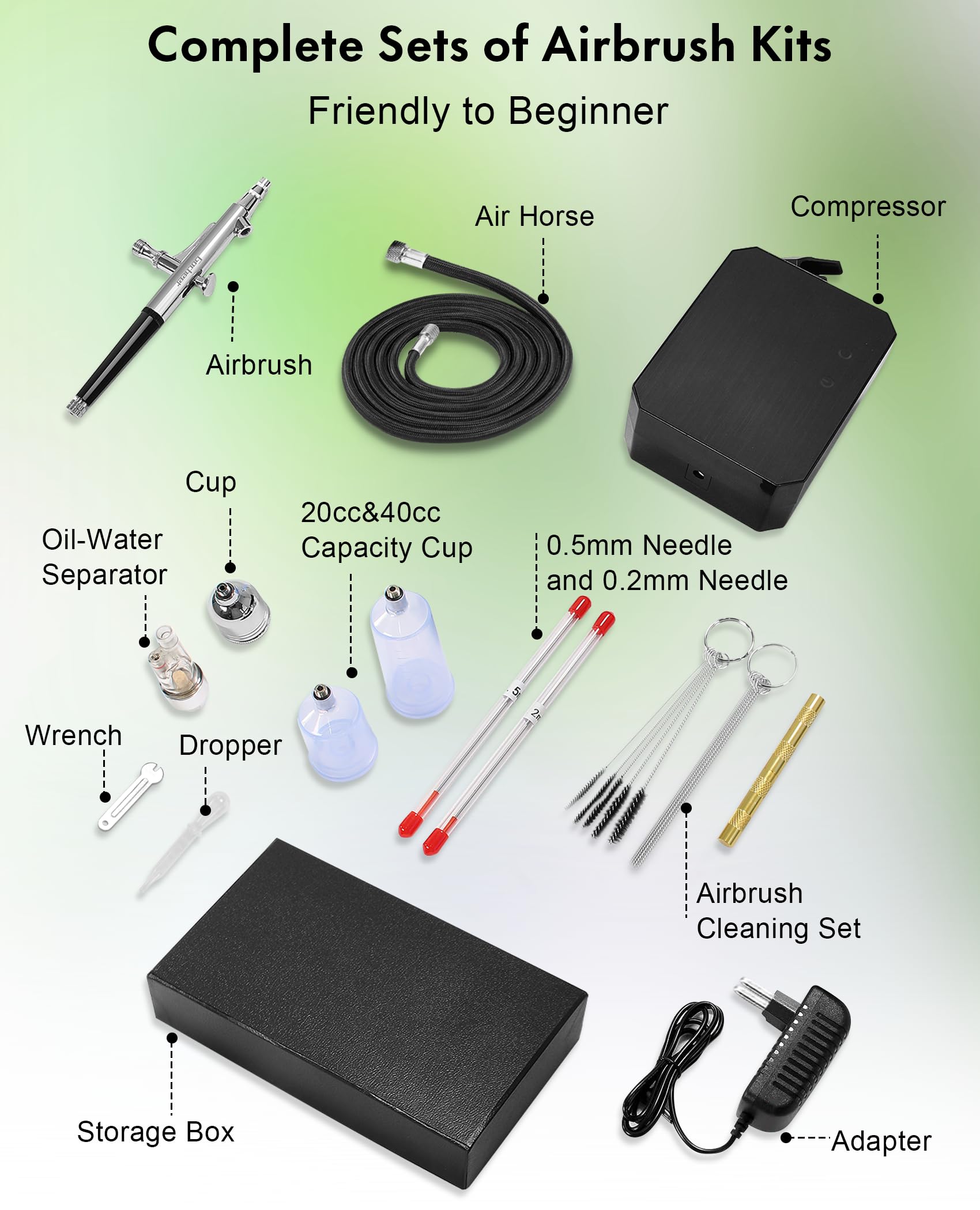 Gocheer Airbrush Kit with Air Compressor, 40 PSI High Pressure Air Brush Non-Clogging with 0.2/0.3/0.5mm Nozzle/Cleaning Sets, Ideal for Painting, Modeling, Cake Decor, Pastry, Makeup, Nail Art etc.