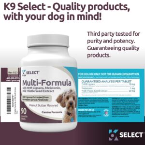 K9 Select Multi-Formula Dog Vitamins for Smaller Dogs - 10mg HMR Lignans, 1mg Melatonin, 20mg Milk Thistle - Helps Heart, Liver, Digestion, Skin & Coat Health, 90 Tablets, Peanut Butter Flavor