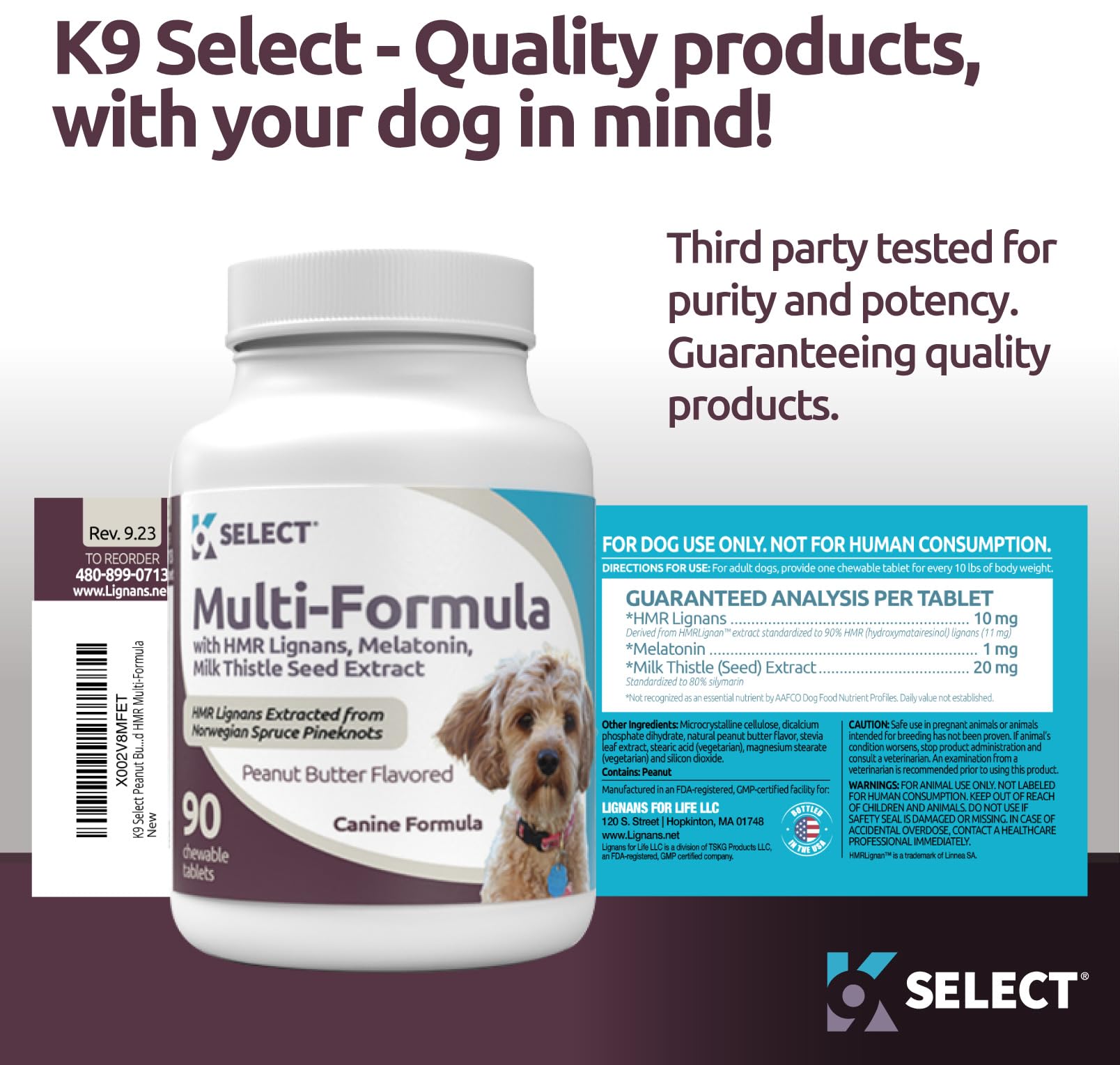 K9 Select Multi-Formula Dog Vitamins for Smaller Dogs - 10mg HMR Lignans, 1mg Melatonin, 20mg Milk Thistle - Helps Heart, Liver, Digestion, Skin & Coat Health, 90 Tablets, Peanut Butter Flavor