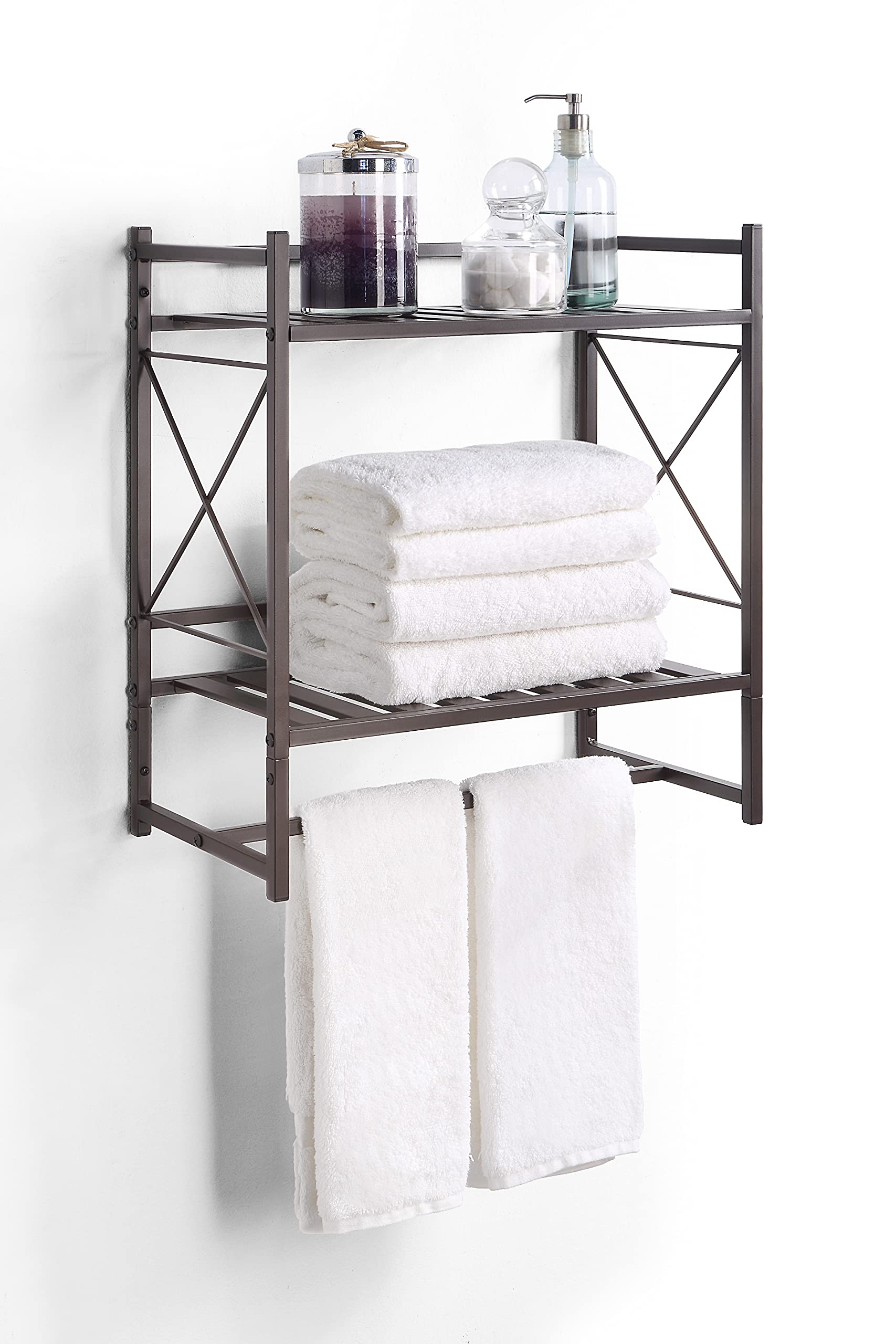 SunnyPoint Classic Square Bathroom Shelf, 2 Tier Shelf with Towel Bar Wall Mounted Shower Storage (Classic - Wall Mount - Silver)