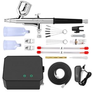 gocheer airbrush kit with air compressor, 40 psi high pressure air brush non-clogging with 0.2/0.3/0.5mm nozzle/cleaning sets, ideal for painting, modeling, cake decor, pastry, makeup, nail art etc.