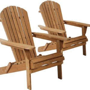 HomeClever Folding Wooden Adirondack Chair Patio Chairs Lounger Weather Resistant Accent Furniture wArms Solid Heavy Duty Modern Lawn for Deck, Backyard, Garden Natural Set of 2