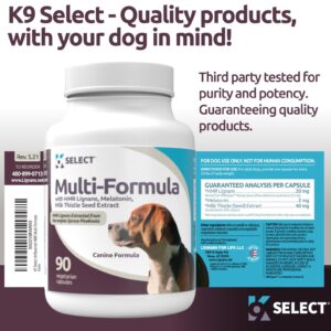 K9 Select Multi-Formula Dog Vitamins for Medium Dogs - 20mg HMR Lignans, 2mg Melatonin, 40mg Milk Thistle - Helps Heart, Liver, Digestion, Skin & Coat Health, Dog Multivitamin, 90 Capsules