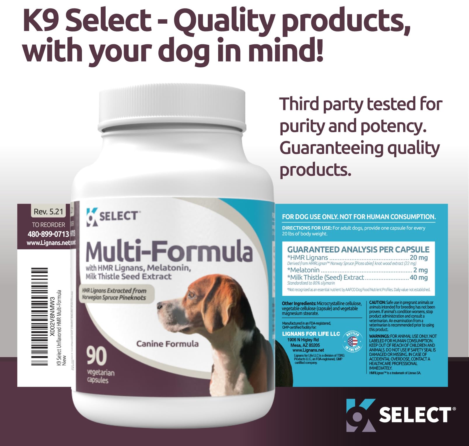 K9 Select Multi-Formula Dog Vitamins for Medium Dogs - 20mg HMR Lignans, 2mg Melatonin, 40mg Milk Thistle - Helps Heart, Liver, Digestion, Skin & Coat Health, Dog Multivitamin, 90 Capsules