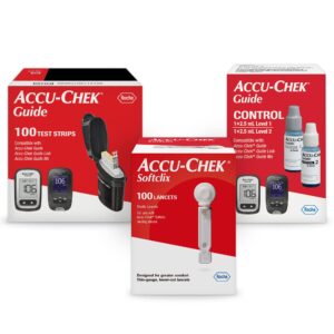 accu-chek softclix diabetes blood sugar test kit for diabetic glucose monitoring: 100 softclix lancets, 100 guide test strips, and control solution (packaging may vary)