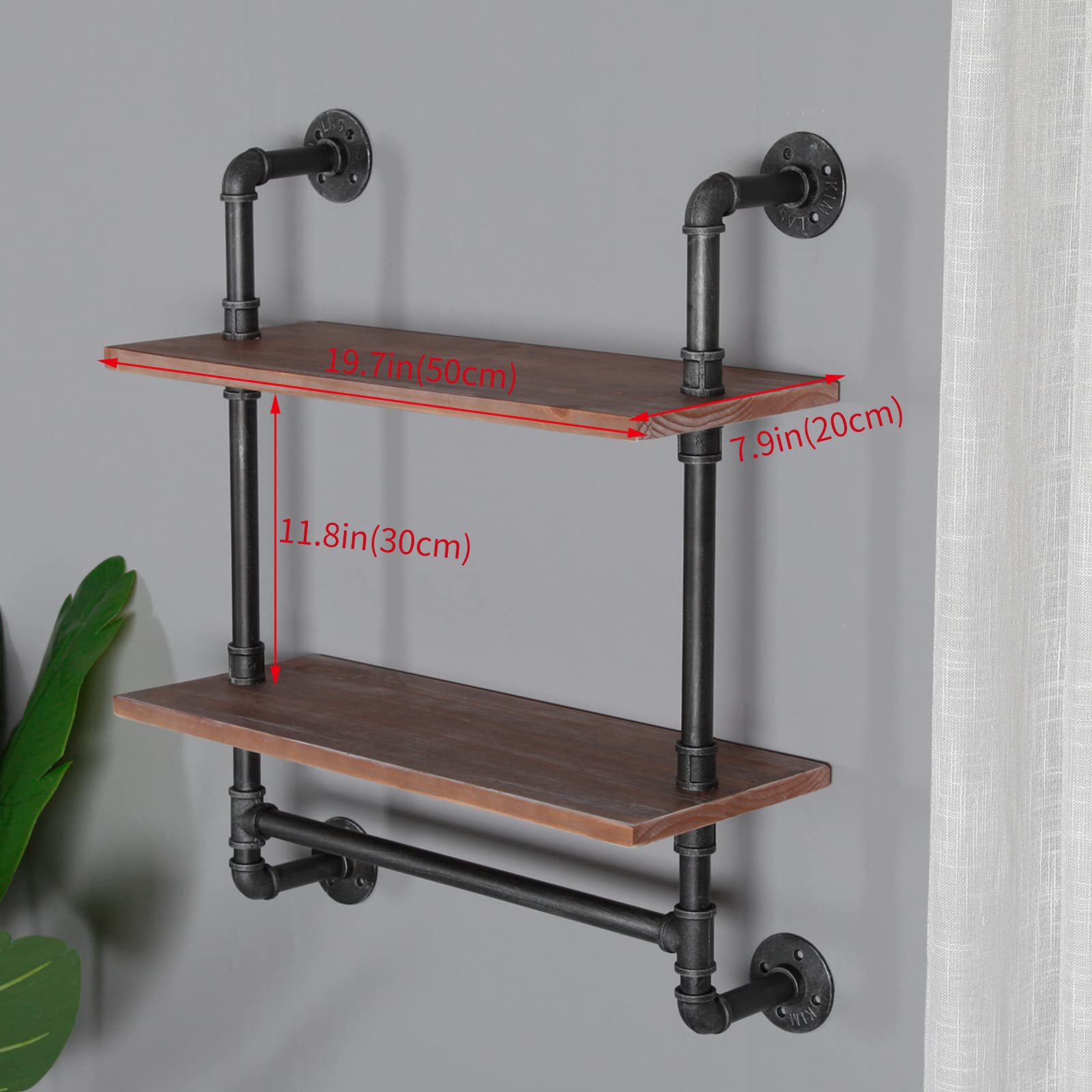 SSS Furniture Industrial Pipe Shelf Bathroom Shelves Wall Mounted, 2 Tier 19.6in Rustic Wood Floating Shroom Decor Wall Shelfelves with Towel Bar, Farmhouse Rustic Bath