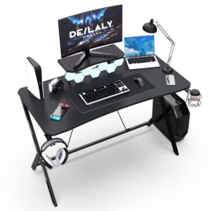 deilaly 45in gaming desk gamer table carbon fiber surface computer table gamer desk with monitor shelf office home study desk work pc table steel legs corner desk black