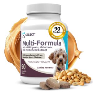 k9 select multi-formula dog vitamins for smaller dogs - 10mg hmr lignans, 1mg melatonin, 20mg milk thistle - helps heart, liver, digestion, skin & coat health, 90 tablets, peanut butter flavor