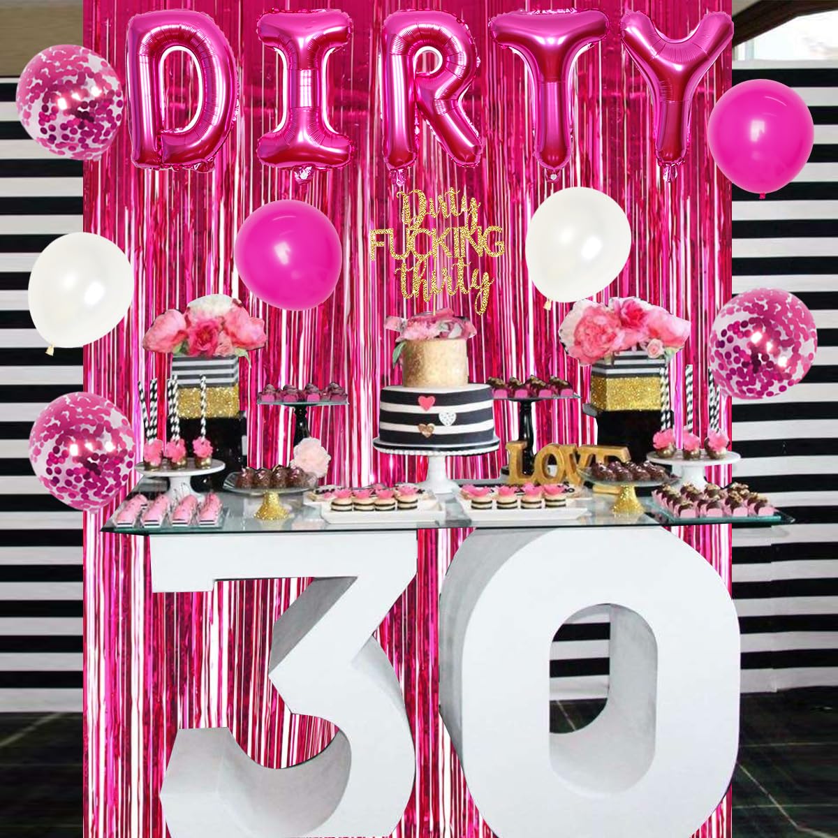 Fangleland 30th Birthday Party Decorations for Her Hot Pink Dirty Thirty Banner Balloon Dirty 30 Sash Cake Topper for 30 Years Old Birthday Party Supplies