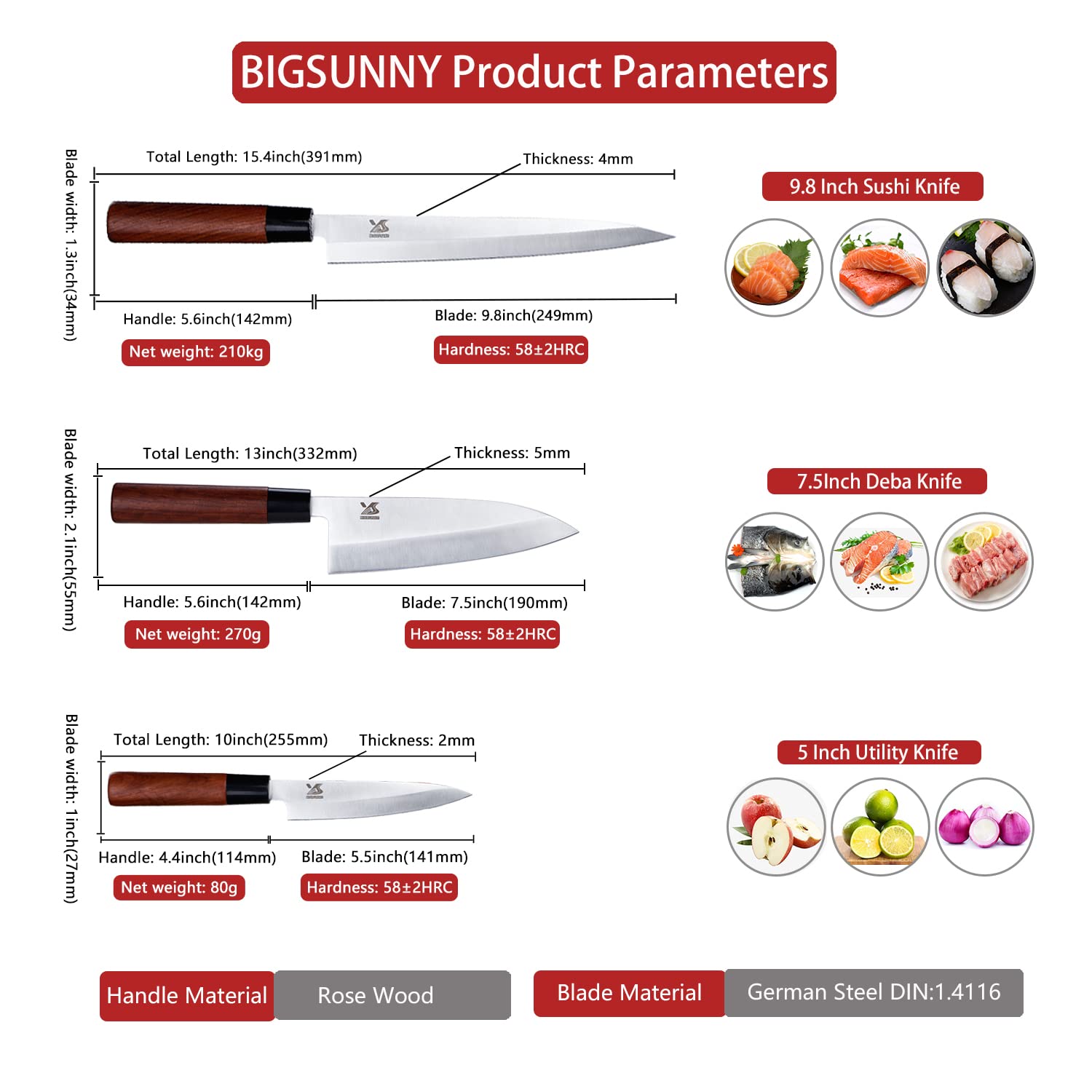 MSY BIGSUNNY Set of 3pcs Sashimi Knives Stainless steel Sushi Knives Set Slicing fish Knife Set (3 in 1 set)