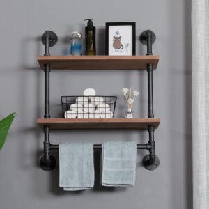 SSS Furniture Industrial Pipe Shelf Bathroom Shelves Wall Mounted, 2 Tier 19.6in Rustic Wood Floating Shroom Decor Wall Shelfelves with Towel Bar, Farmhouse Rustic Bath