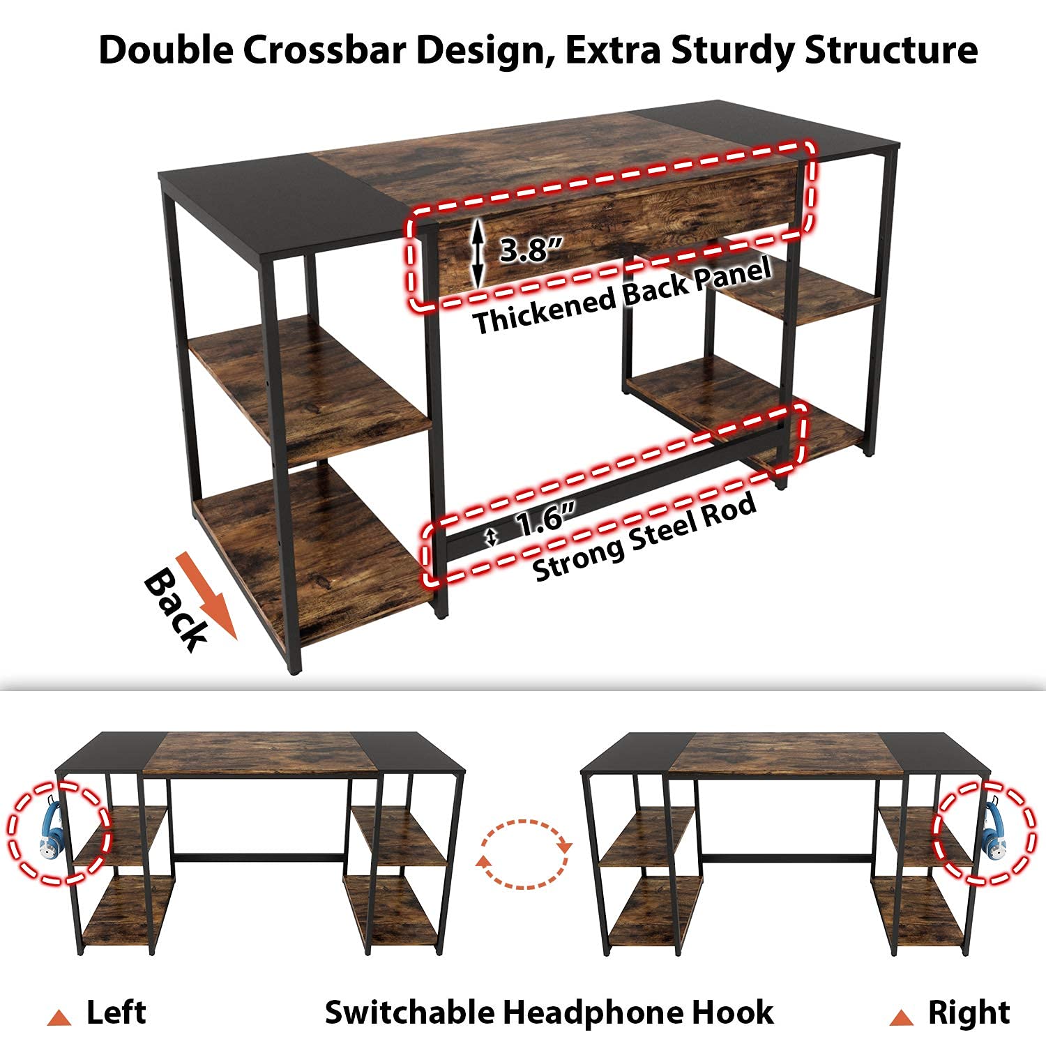 Bestier Computer Desk with 4 Storage Shelves, 55 inch Study Writing Table with Splice Tabletop, Rustic Brown and Black Top