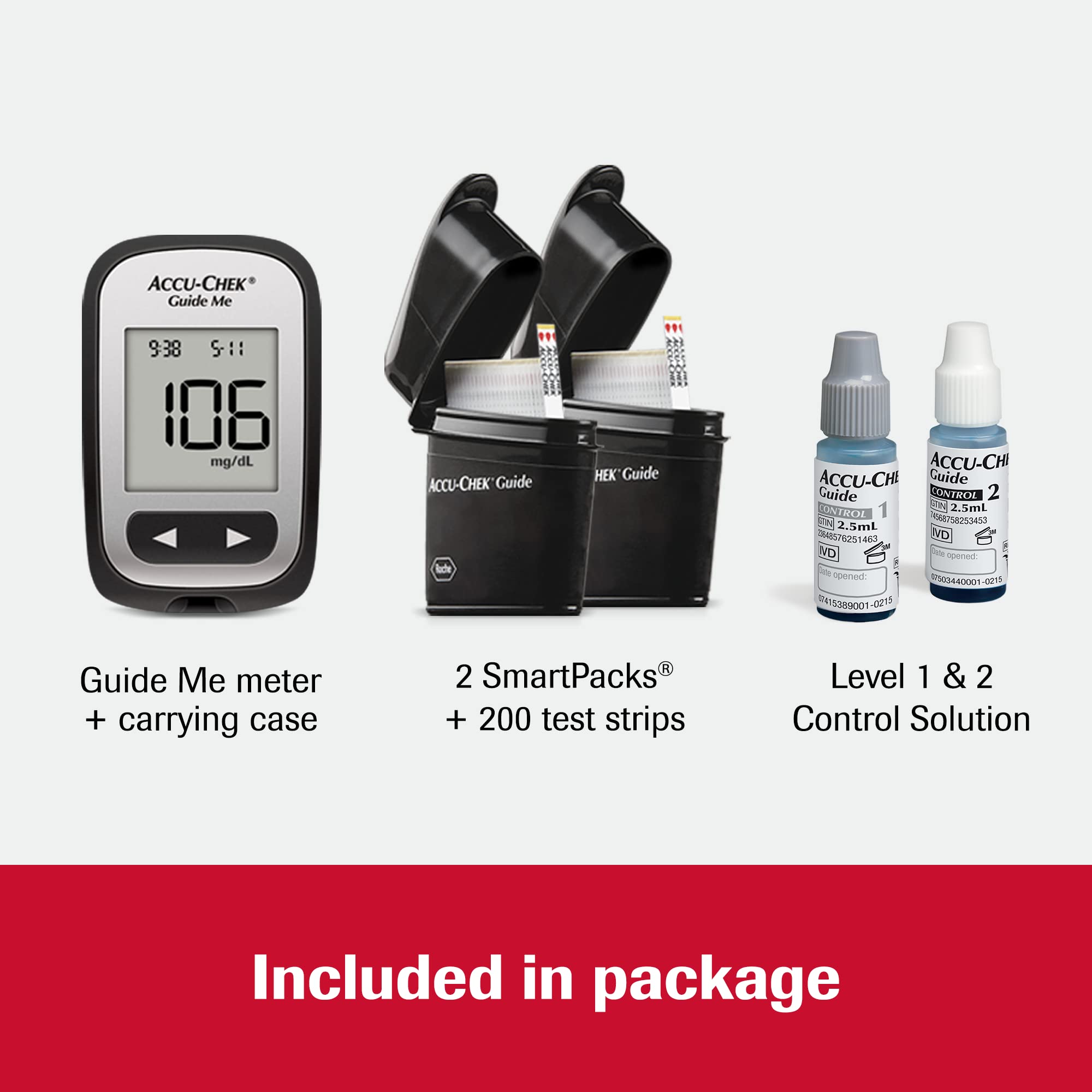 Accu-Chek Guide Me Glucose Monitor Kit for Diabetic Blood Sugar Testing: Guide Me Meter, 200 Guide Test Strips, and Control Solution