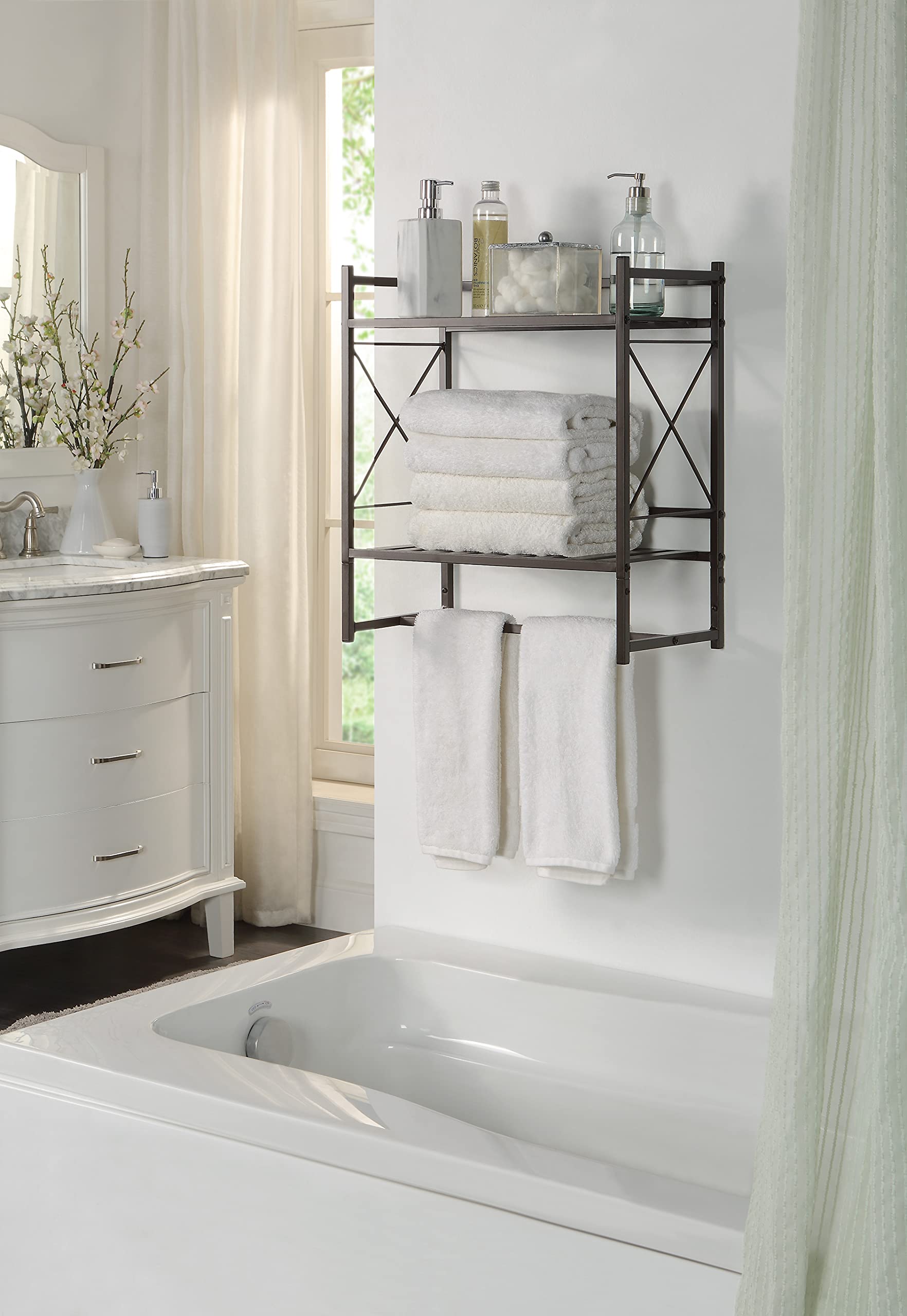 SunnyPoint Classic Square Bathroom Shelf, 2 Tier Shelf with Towel Bar Wall Mounted Shower Storage (Classic - Wall Mount - Silver)