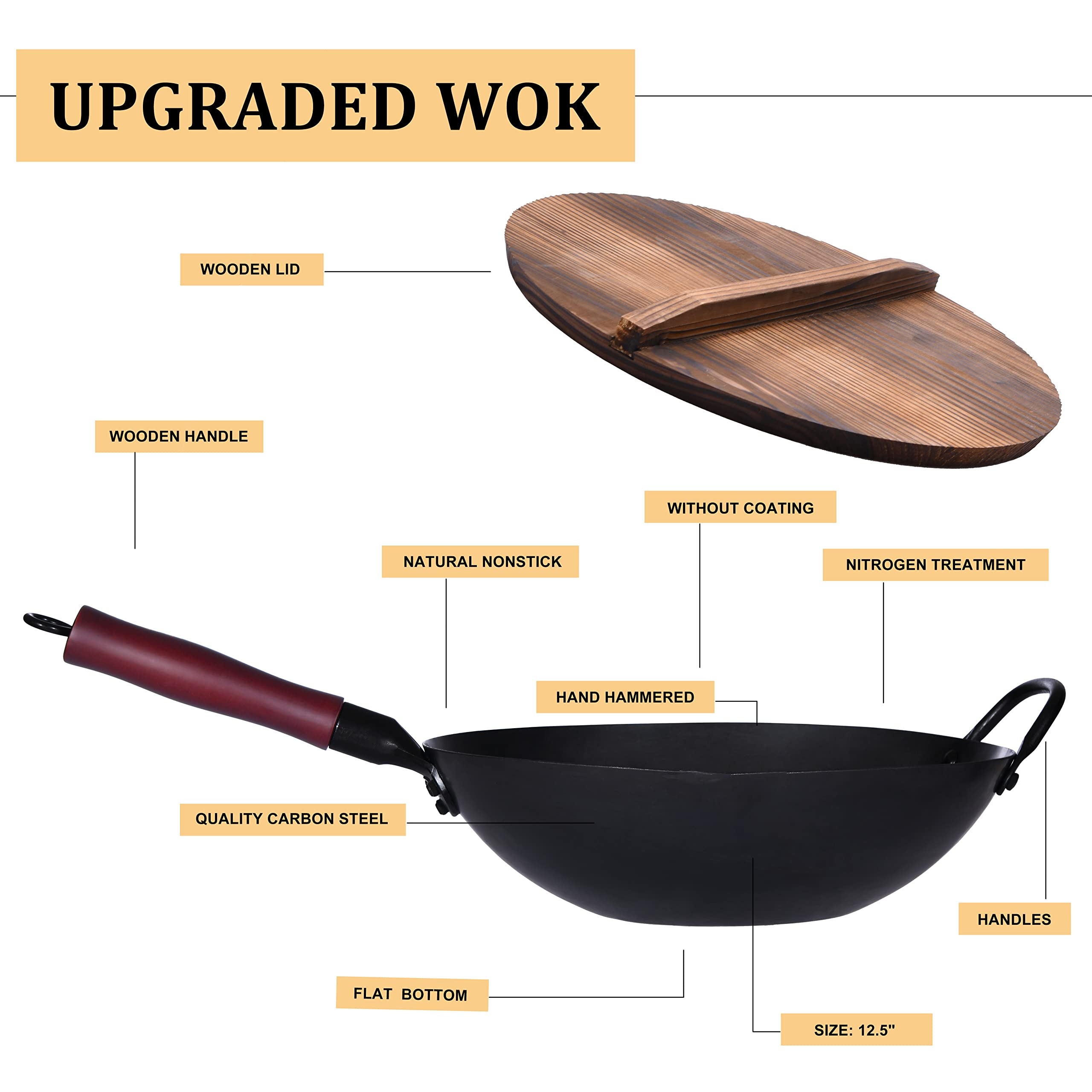 XEEYAYA Carbon Steel Wok Pan with Lid, Chinese Flat Bottom Woks and Stir Fry Pans, 12.5" Hand Hammered Traditional Wok for Electric, Induction & Gas Stoves