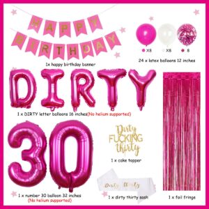 Fangleland 30th Birthday Party Decorations for Her Hot Pink Dirty Thirty Banner Balloon Dirty 30 Sash Cake Topper for 30 Years Old Birthday Party Supplies