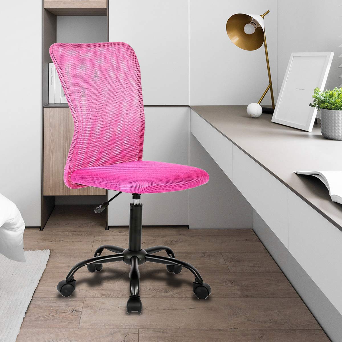 Simple Mesh Office Chair, Ergonomic Office Chair Armless Home Office Chair Adjustable Computer Chair Task Rolling Swivel Chair Black Desk Chair for Working,Meeting - Pink