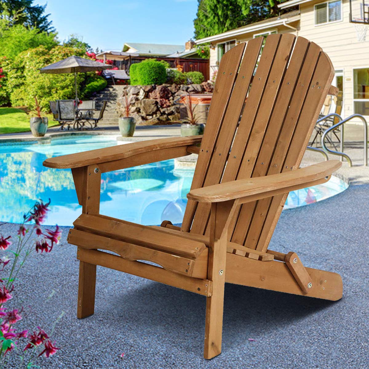 HomeClever Folding Wooden Adirondack Chair Patio Chairs Lounger Weather Resistant Accent Furniture wArms Solid Heavy Duty Modern Lawn for Deck, Backyard, Garden Natural Set of 2