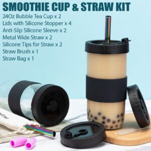 Reusable Glass Mason Jars Cups with Lids and Straws Silicone Sleeves, 2 Pack 24Oz Wide Mouth Smoothie Cups Glass Bubble Tea Cup Leakproof drinking glasses Travel Tumbler for Large Pearl Birthday Gifts