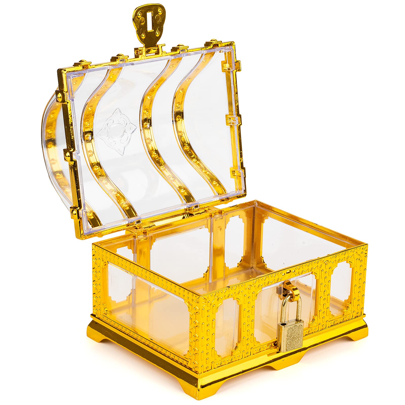 Pemalin Pirate Treasure Chest for Kids Toy, Decorative Transparent Golden Pirate Chest with Lock and Key