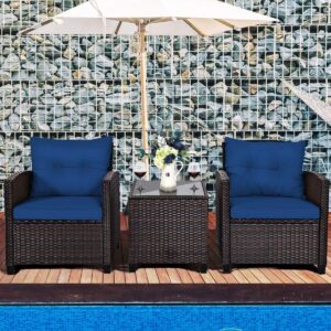 DORTALA 3 Pieces Patio Furniture Set, Outdoor Wicker Rattan Conversation Sofa Set with Cushion, Tempered Glass Top Table for Backyard Porch Garden Poolside Balcony, Navy