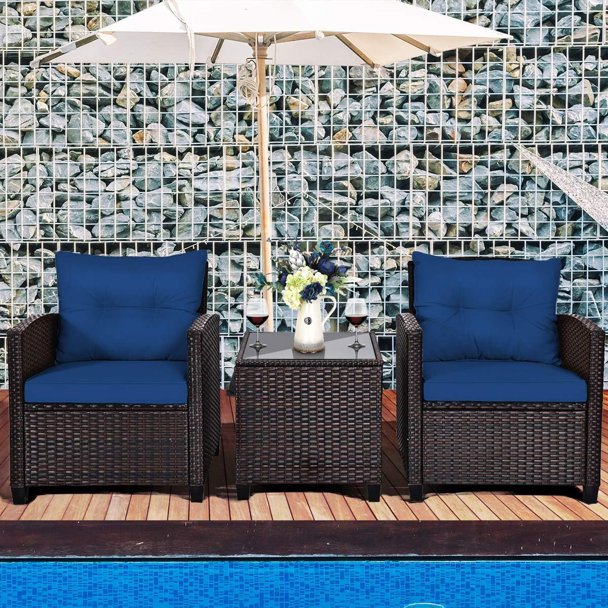 DORTALA 3 Pieces Patio Furniture Set, Outdoor Wicker Rattan Conversation Sofa Set with Cushion, Tempered Glass Top Table for Backyard Porch Garden Poolside Balcony, Navy