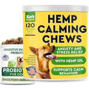 dog probiotics chews + calming hemp treats bundle - gas, diarrhea, allergy, constipation, upset stomach relief + anxiety relief - separation aid - stress relief during fireworks, storms, thunder