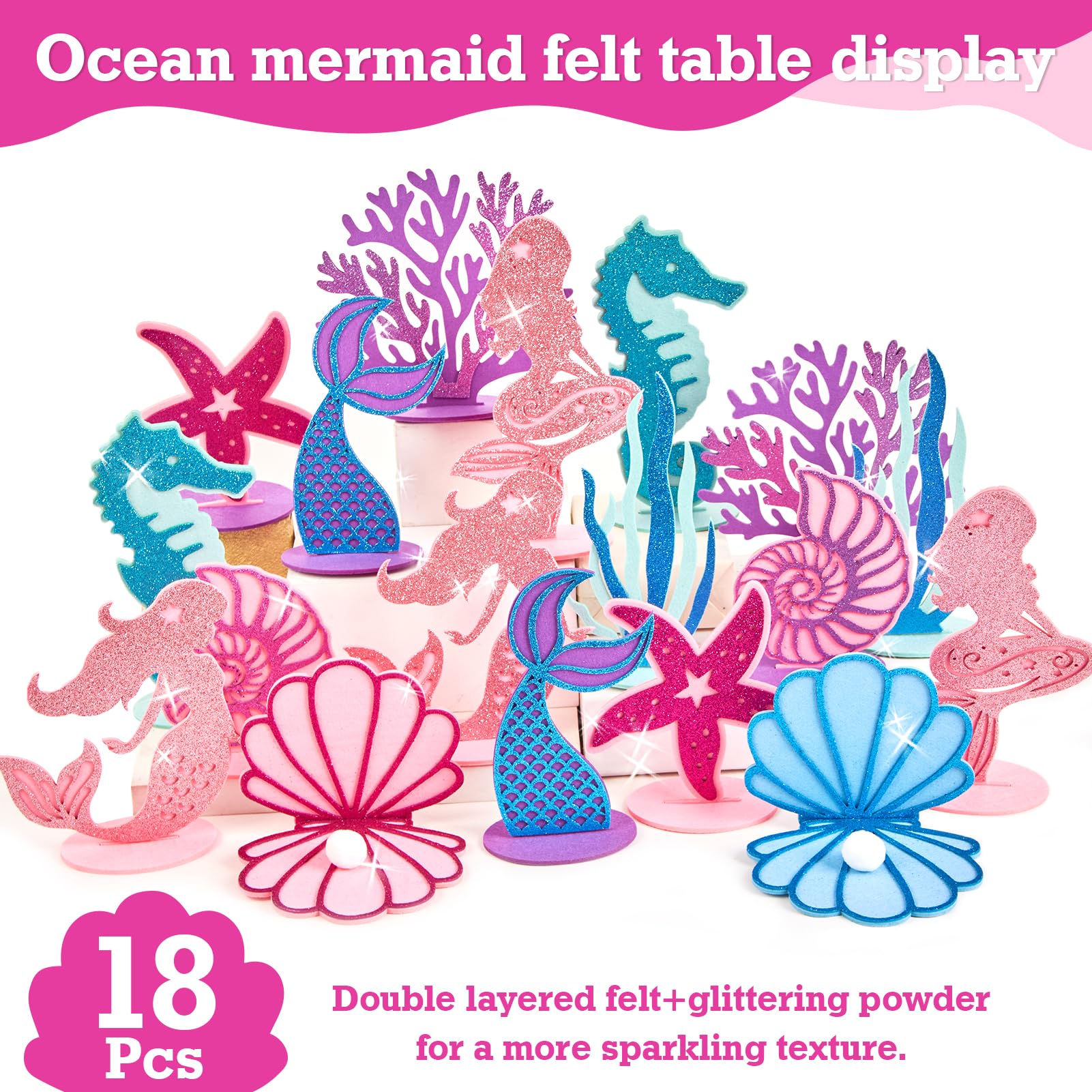 PAPER JAZZ Mermaid Party Decorations Glitter Mermaid Felt Table Centerpiece for Birthday Party Under The Sea Table Centerpiece Ocean Theme Decor for Baby Shower Supplies