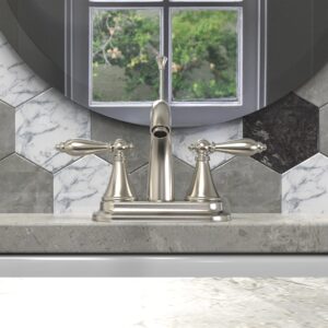 LEDMyplace Double Handle Bathroom Faucet with Drain, Mid-Arc Centerest Bathroom Sink Faucet with Lift Rod, Brushed Nickel Finish, Zinc Handle, Brass Body, 2 Holes Deck Mounted Bath Faucet