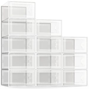 see spring x-large shoe storage box fit size 11, clear plastic stackable shoe organizer for closet, space saving foldable shoe rack sneaker container bin holder, 12 pack clear