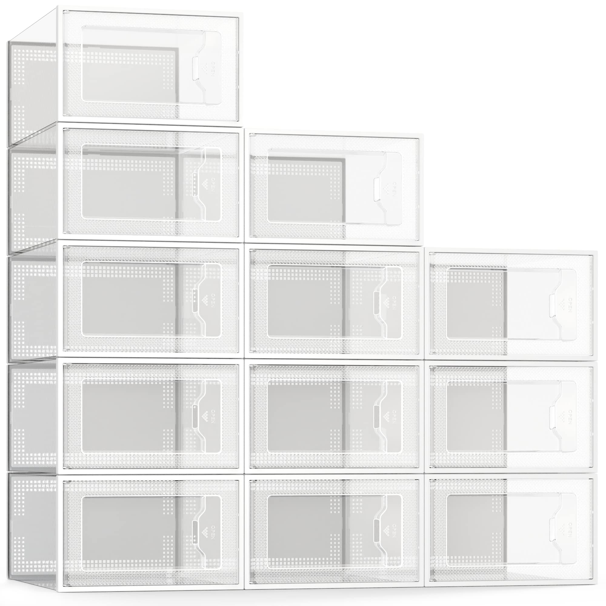 SEE SPRING X-Large Shoe Storage Box Fit Size 11, Clear Plastic Stackable Shoe Organizer for Closet, Space Saving Foldable Shoe Rack Sneaker Container Bin Holder, 12 Pack Clear