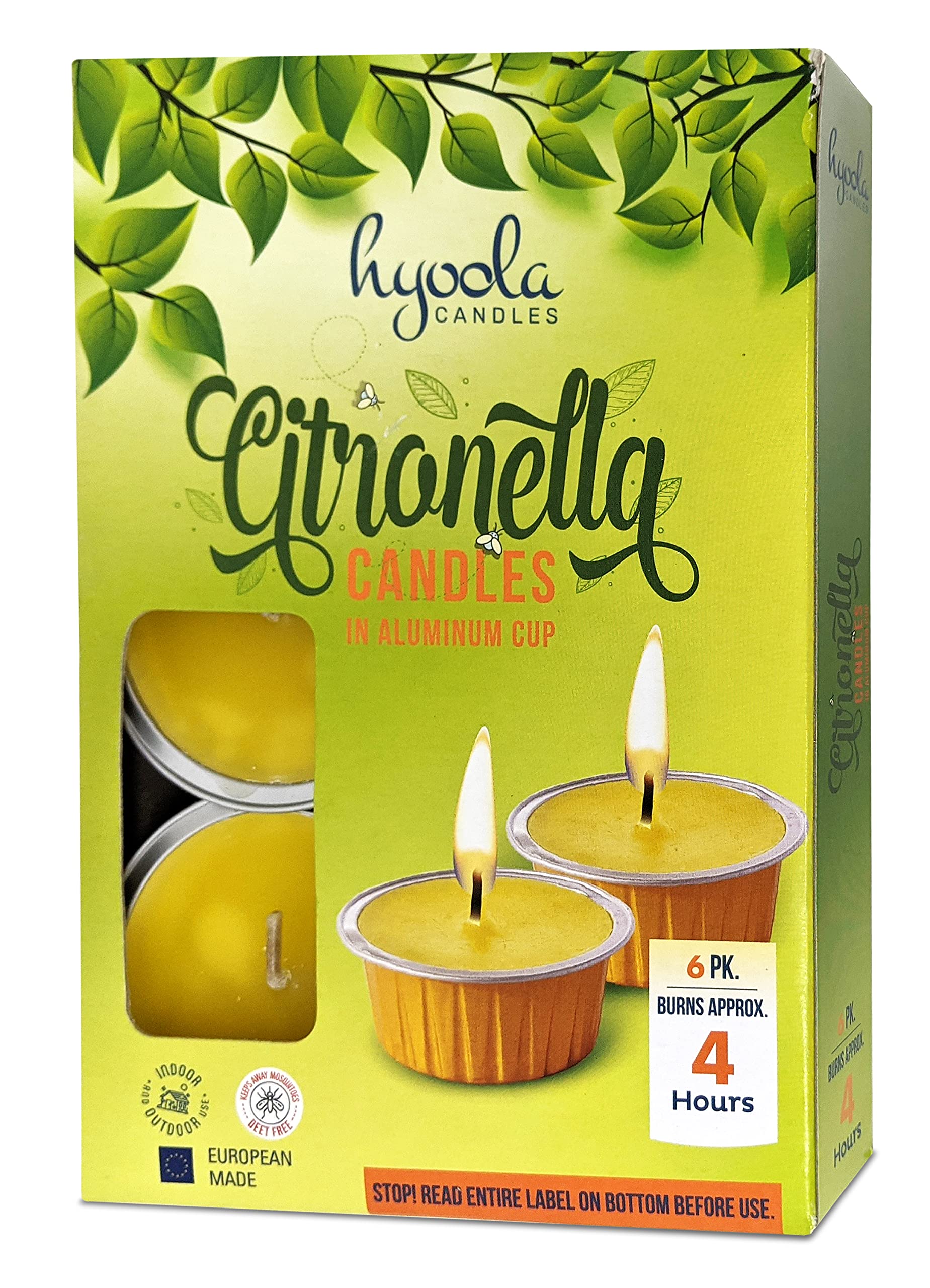 Hyoola Citronella Candles in Aluminum Cup - 6 Pack - Scented Candles Citronella - 4 Hour Burn Time - 1" x 2 Citronella Candle Outdoor and Indoor Use - Made in Europe