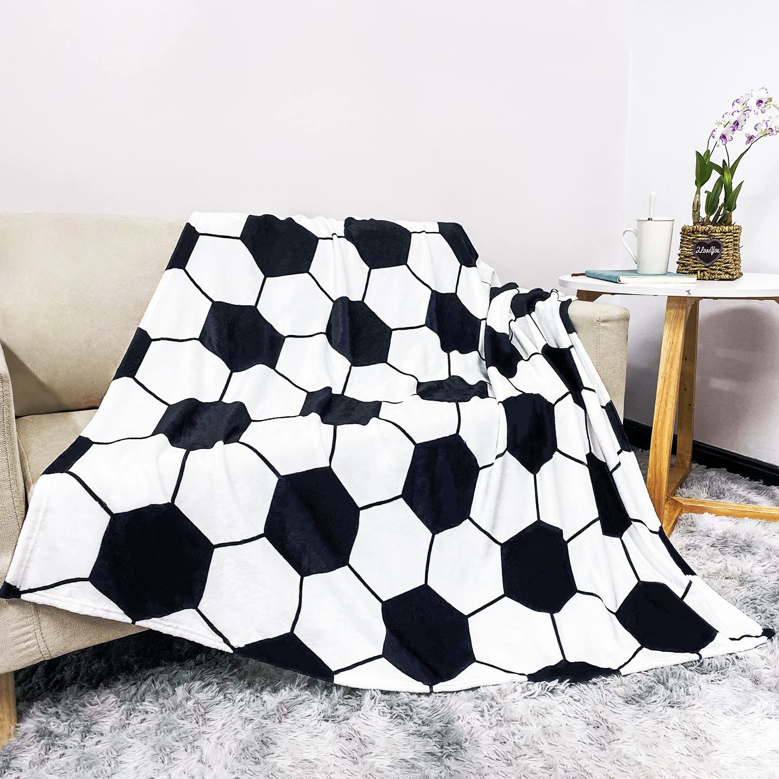 Soccer Blanket Warm Ultra-Soft Soccer Ball White and Black Throw Blankets 50X60 Inches Soccer Team Player Blankets Mom Gift for Girls Boys Kids Women Men