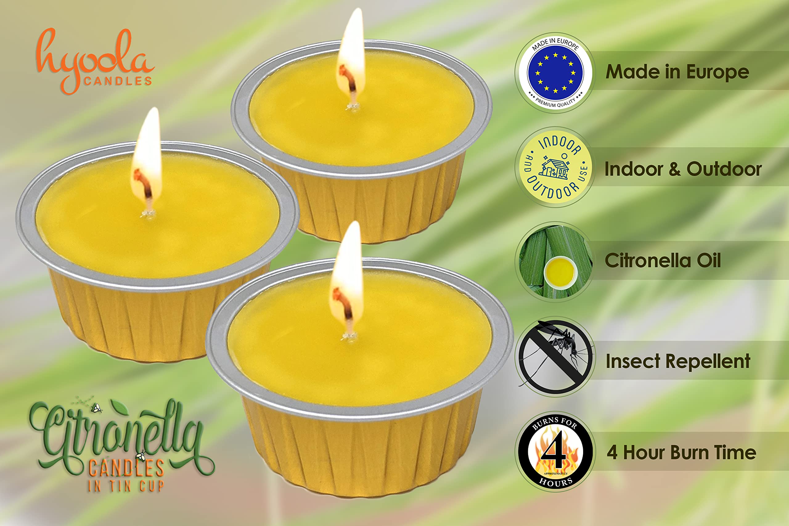 Hyoola Citronella Candles in Aluminum Cup - 6 Pack - Scented Candles Citronella - 4 Hour Burn Time - 1" x 2 Citronella Candle Outdoor and Indoor Use - Made in Europe