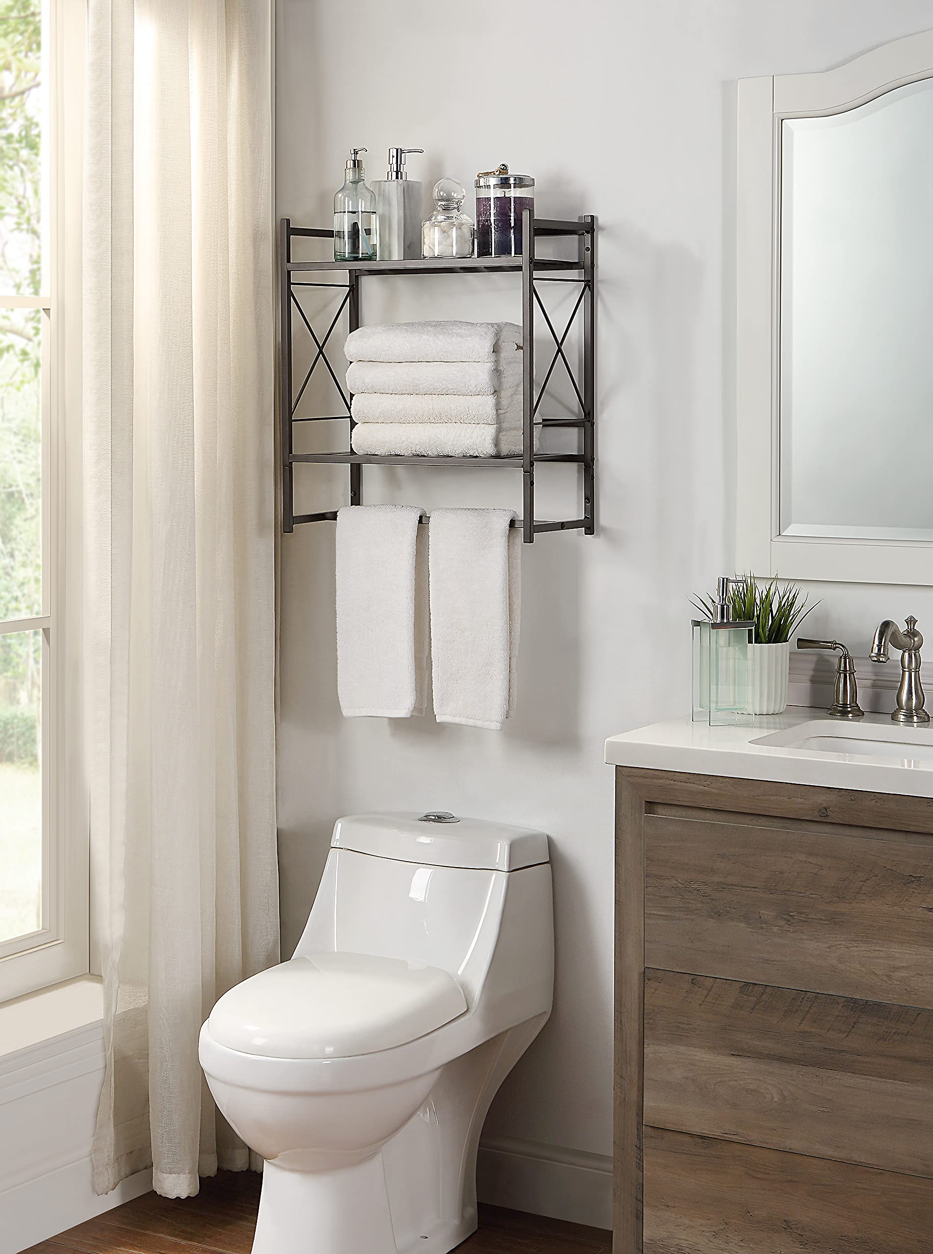 SunnyPoint Classic Square Bathroom Shelf, 2 Tier Shelf with Towel Bar Wall Mounted Shower Storage (Classic - Wall Mount - Silver)