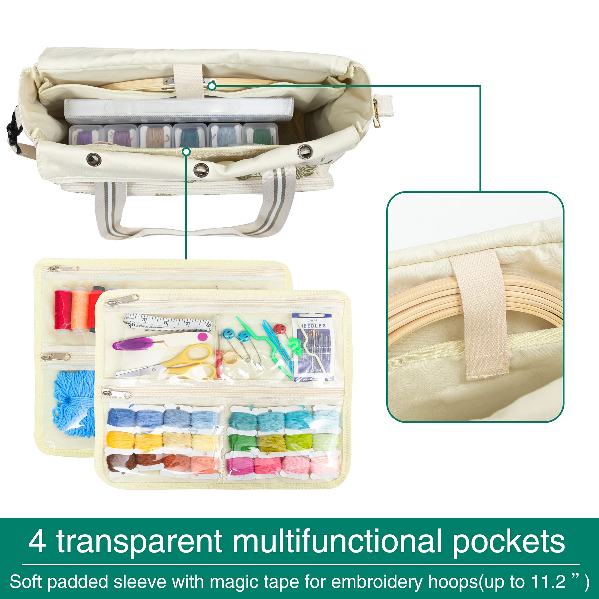 Lavievert Embroidery Project Bag, Embroidery Kits Storage Bag with Multiple Pockets for Crochet Hooks Embroidery Floss and Other Sewing Accessories