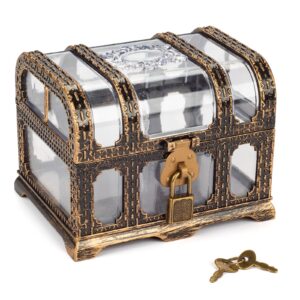 plastic transparent antique pirate treasure box with lock and key, treasure toy box prizes for kids, pirate party decor