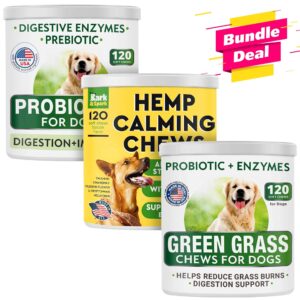 dog probiotics chews + calming hemp treats + all-natural grass treatment - gas, diarrhea, allergy, constipation, upset stomach relief + anxiety relief - separation aid + grass saver pee lawn repair